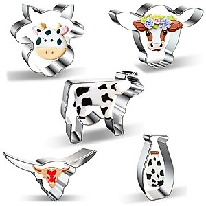 Cow Cookie Cutter Set - 5 Piece Stainless Steel Farm/Farmhouse Animal Cookie Cutters Shapes Milk Bottle, Longhorn, Bull, Cow Head, Cow/Steer Face Cutters Molds for Making Cookies, Biscuit, Fondant