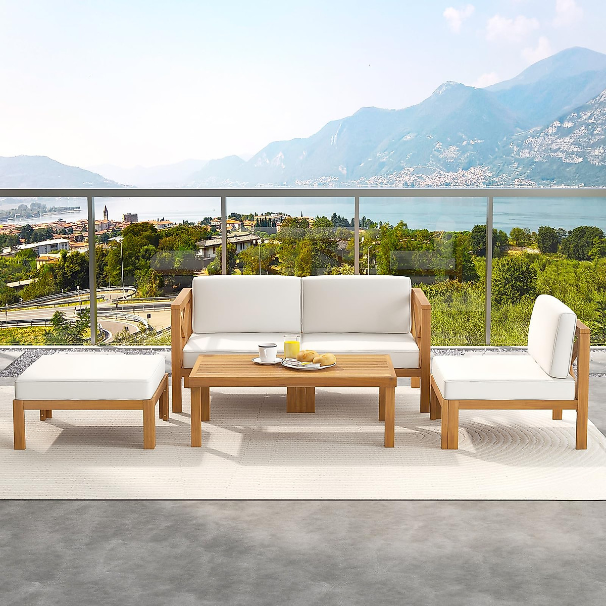 Tangkula 5 Piece Outdoor Conversation Furniture Set, Acacia Wood Sectional Sofa Set with 3 Chairs, 1 Ottoman & 1 Coffee Table, Patio Cushioned Sofa Set for Porch, Yard, Poolside (Off White)
