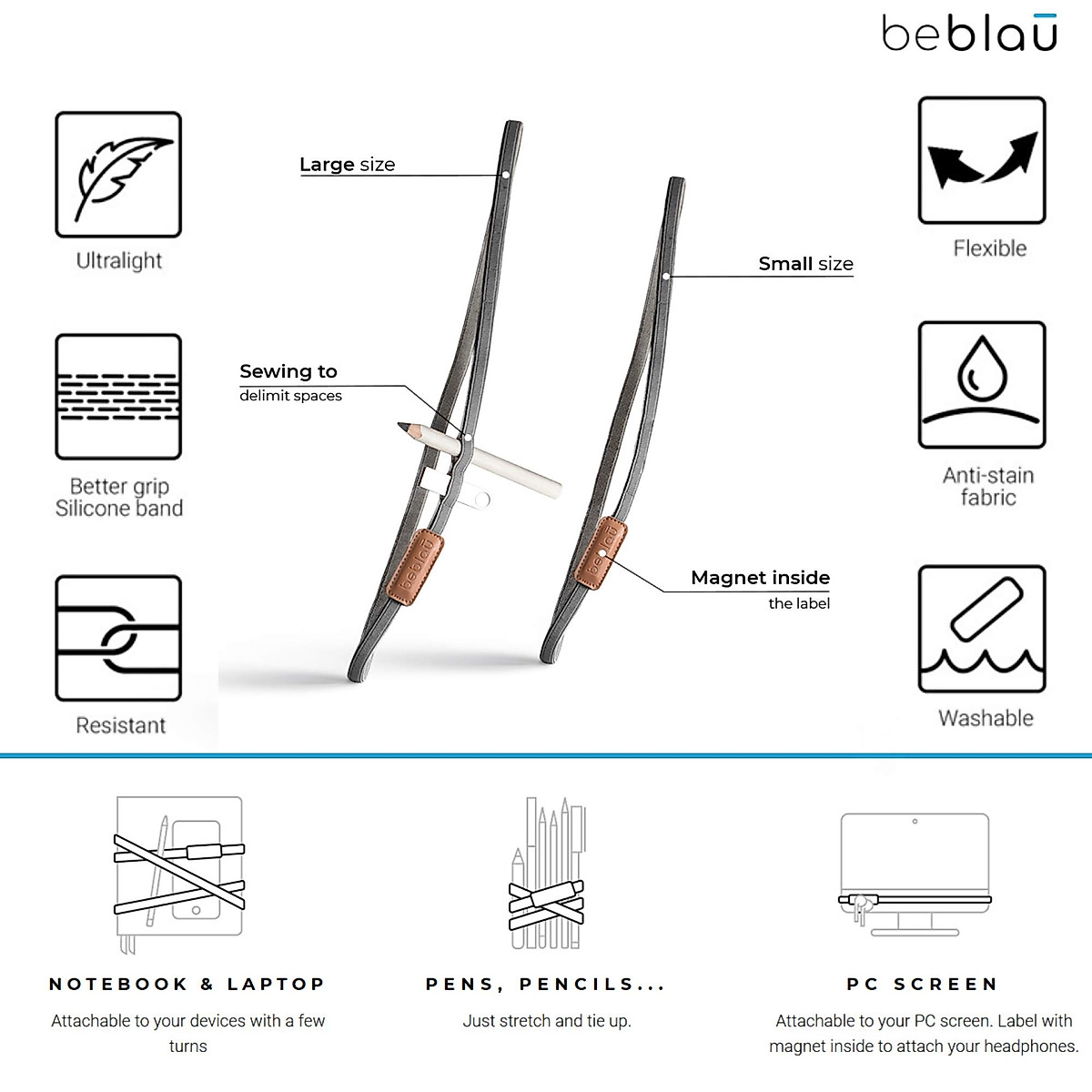 Beblau TWIST PACK (S & L included) ELASTIC PORTABLE ORGANIZER attachable to your laptop, notebook, PC screen.. Anything! Office, Home & School | Laptop accessory | Backpack | PERSONAL ORGANIZER