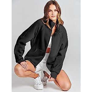 Caracilia Women's Oversized Sweatshirts Long Sleeve Zip Up Y2K Trendy Fashion Sweatshirt Jackets Pullovers Active Comfy Cute Clothes With Thumb Hole C112A0-heise-S Black