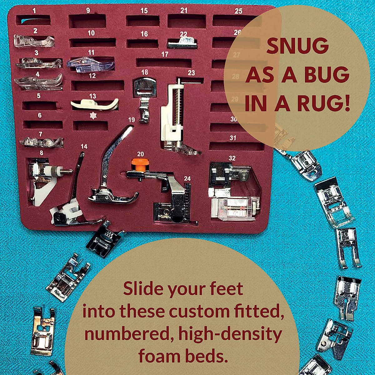Madam Sew Presser Foot Set 32 Piece Set | The ONLY Sewing Machine Presser Foot Kit with Manual and Deluxe Storage Case | Numbered Slots for Organization | Compatible with Most Sewing Machines