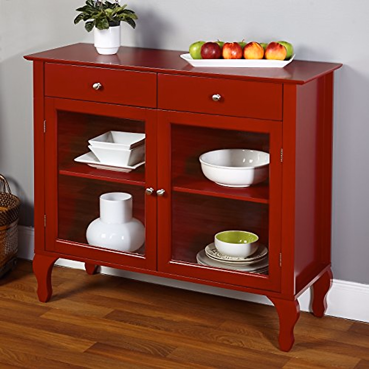 Target Marketing Systems Layla Modern Sideboard Buffet Cabinet, Kitchen Dining Room Storage Credenza with 2-Drawer, Adjustable Shelf and Tempered Glass Door, 42" W, Red