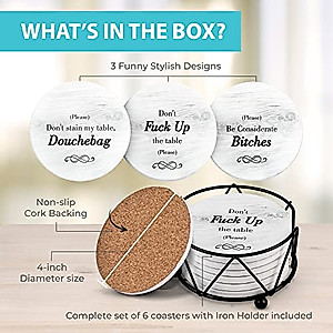 Funny Coasters for Drinks with Holder - Absorbent Drink Coasters Set 6 Pcs - 3 Sayings - Housewarming Gift for Friends - Men, Women Birthday - Cool Home Decor - Living Room, Kitchen, Bar Decorations