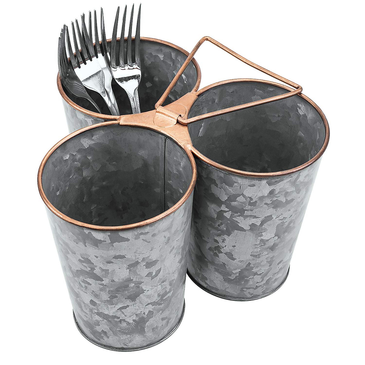 MyGift Galvanized Metal Utensil Holder Caddy with 3 Compartments, Copper Rim and Handle, Countertop Cutlery Storage, Flatware Organizer Holds Forks, Knives, Spoons - Handcrafted in India