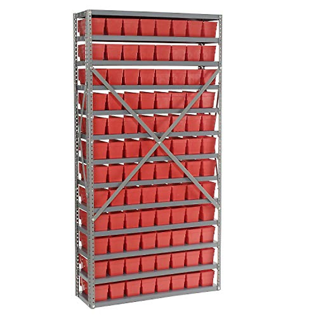 Global Industrial 13 Shelf Steel Shelving with (96) 4" H Plastic Shelf Bins, Red, 36x12x72