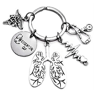 Kit's Kiss RT Respiratory Therapist Keychain Therapy Gift Lung Specialist Stethoscope Anatomical EKG ECG Heartbeat Pulmonary Care Disease Essential AF Gift, Silver, Diameter of Key Ring : 1.26 inches