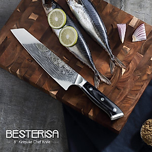BESTERiSA Kiritsuke Chef Knife ，8 Inch Professional Chef Knife German Stainless Steel EN1.4116 Ultra Sharp Vegetable Meat Cleaver Knife with Knife Guard