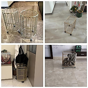 OVARIA Rolling Hamper with Wheels, Round Mesh Metal Laundry Hamper, Square Clothes Basket, Laundry Rolling Cart for Bathroom Bedroom Storage Dirty Clothes Storage(Color:Gold,Size:Round)