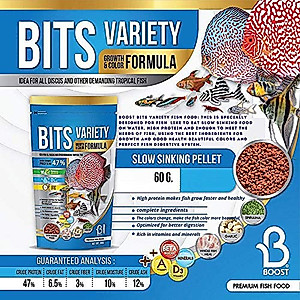 A.D.P. Fish Booster Bits Variety All Discus & Tropical Fish Food Mini Slow Sinking Pellets Grow Faster & Color Enhancing High Protein 47% for Goldfish & Aquarium Tropical Fish 60 g. Small Fish Feed