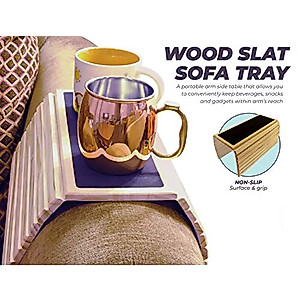 Etna Solid Wood Sofa Arm Table - Flexible Tray Tables with a Non-Slip Felt Surface and Slat Links - Perfect Recliner Table, Couch Arm Table for Holding Drinks, Snacks, or TV Remote - Natural Wood