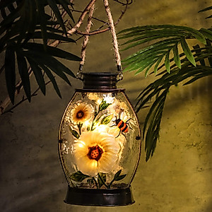 TERESA'S COLLECTIONS Glass Decorative Hanging Outdoor Solar Lanterns Bundle(2PCS) | Bee Gathering Honey Lantern and Blue Heron Lantern for Home Garden Patio Lawn Yard Decor