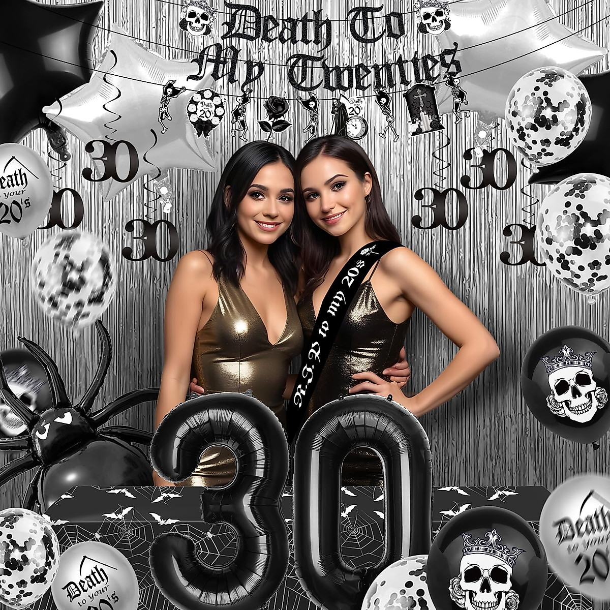 TSVATE Death to My 20s Decorations, 30th Birthday Decorations for Him, Rip to My 20s Birthday Decorations, Black 30th Birthday Decorations, 30 Balloon Numbers, Table Cloth, Cheers to 30 Years Dirty 30