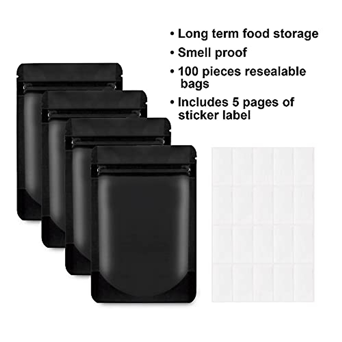 100 Pcs Mylar Bags 4x6 Resealable Mylar Food Storage Bags With LABELS Mylar Ziplock Bags Smell Proof Bags resealable bags for small business Air Tight Herb and Food Storage Food and Lip Gloss, Jewelry, Eyelash Packaging Self Sealing Storage Supplies (Matt