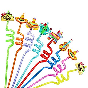 24 Pieces Cinco De Mayo Party Plastic Drinking Straws,Reusable Drinking Straws,for Mexican Fiesta Themed Birthday Party supplies,8 Styles