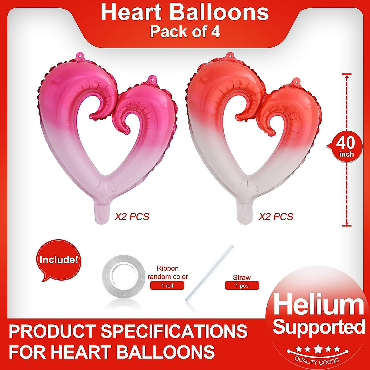 4 Pcs Huge Gradient Pink Heart Balloons 40 Inch Heart Shaped Balloons for Valentines Day Decorations Bridal Shower Wedding Party Decorations (Red,Pink)