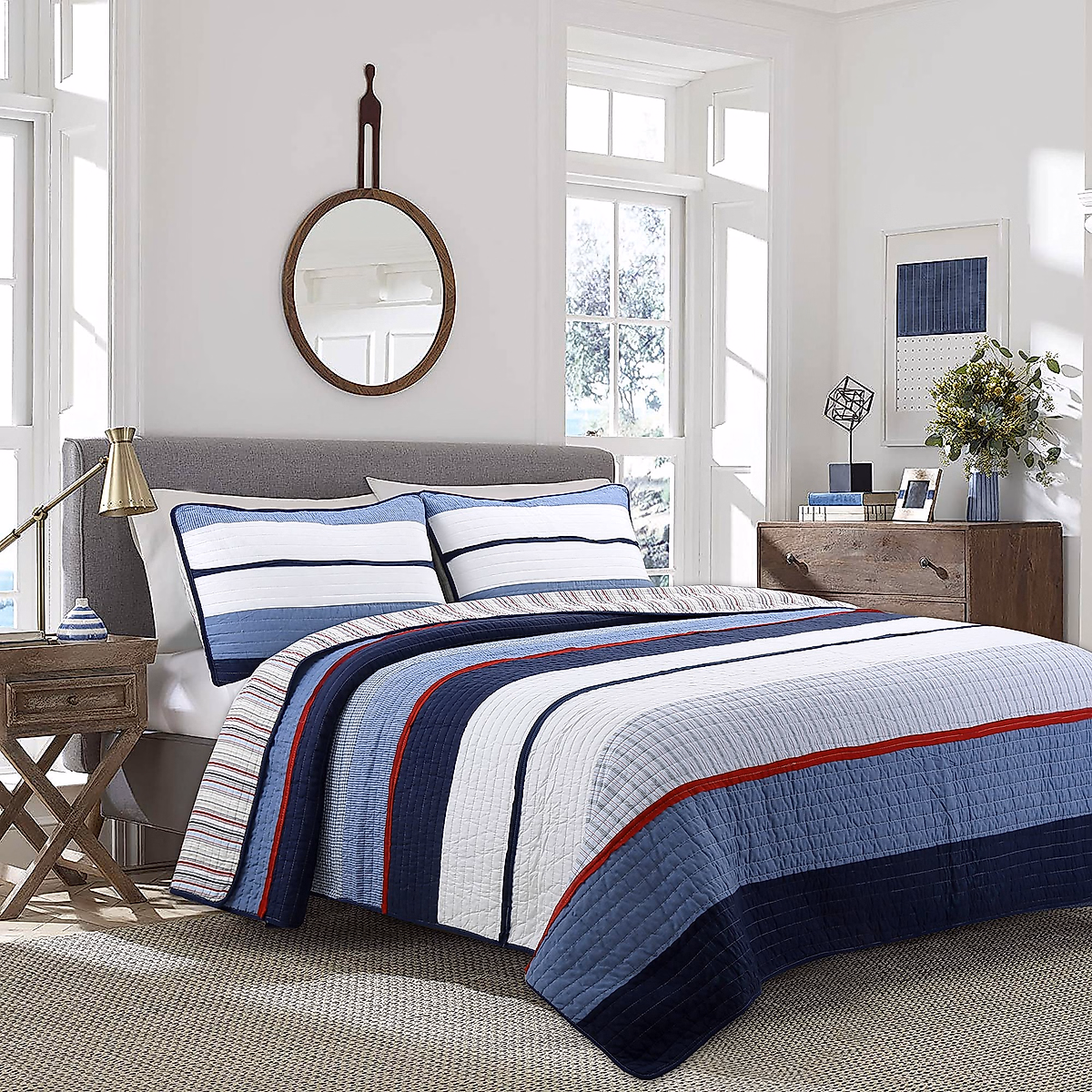 Cozy Line Home Fashions Navy Blue Red Striped Boy 100% Cotton Reversible Quilt Bedding Set, Coverlet, Bedspread (Harlan, Queen - 3 Piece)