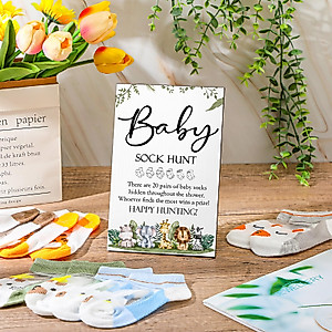 Hoteam 21 Pcs Baby Shower Games Include Baby Sock Hunt Sign and 20 Pair Small Cotton Baby Socks Wooden Table Sign with Holder for Boy and Girl Gender Reveal Party Favors(Safari,Animal Style)