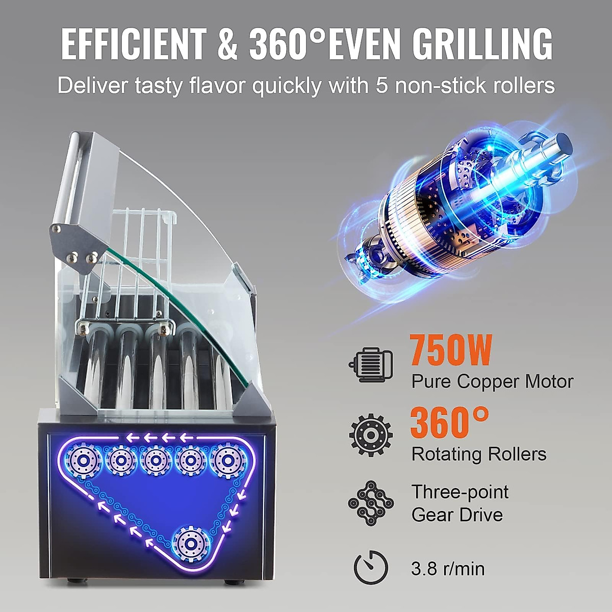 VEVOR Hot Dog Roller 5 Rollers 12 Hot Dogs Capacity, 750W Stainless Sausage Grill Cooker Machine with Dual Temp Control Glass Hood Acrylic Cover Bun Warmer Shelf Removable Oil Drip Tray ETL Certified