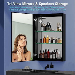 VESLINY LED Medicine Cabinet 20 * 30 inch Surface Mount 3 Color Adjustable Black Waterproof Aluminium Bathroom Lighted Medicine Cabinet Anti-Fog Medicine Cabinet Mirror with Lights