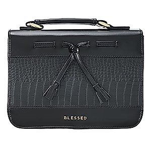 Christian Art Gifts Women's Black Vegan Leather Croc Style Fashion Bible Cover w/Tassels: Blessed - Inspiring Protective Carry Case Accessory w/Gold Accents, Pockets, Pen Loops & Grace Zipper, Medium