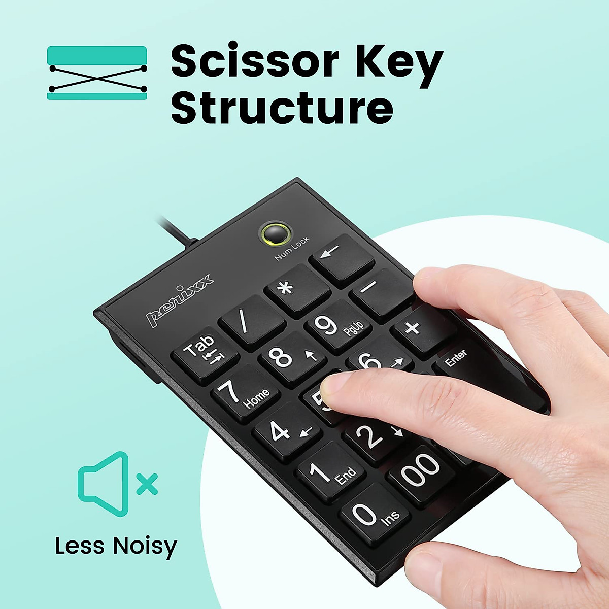 Perixx PPD-202 Wired 19 Keys Slim Numeric Keypad, Big Print Font, Silent Notebook Scissor Key Number Keypad with Tab Key and Num Lock, Black