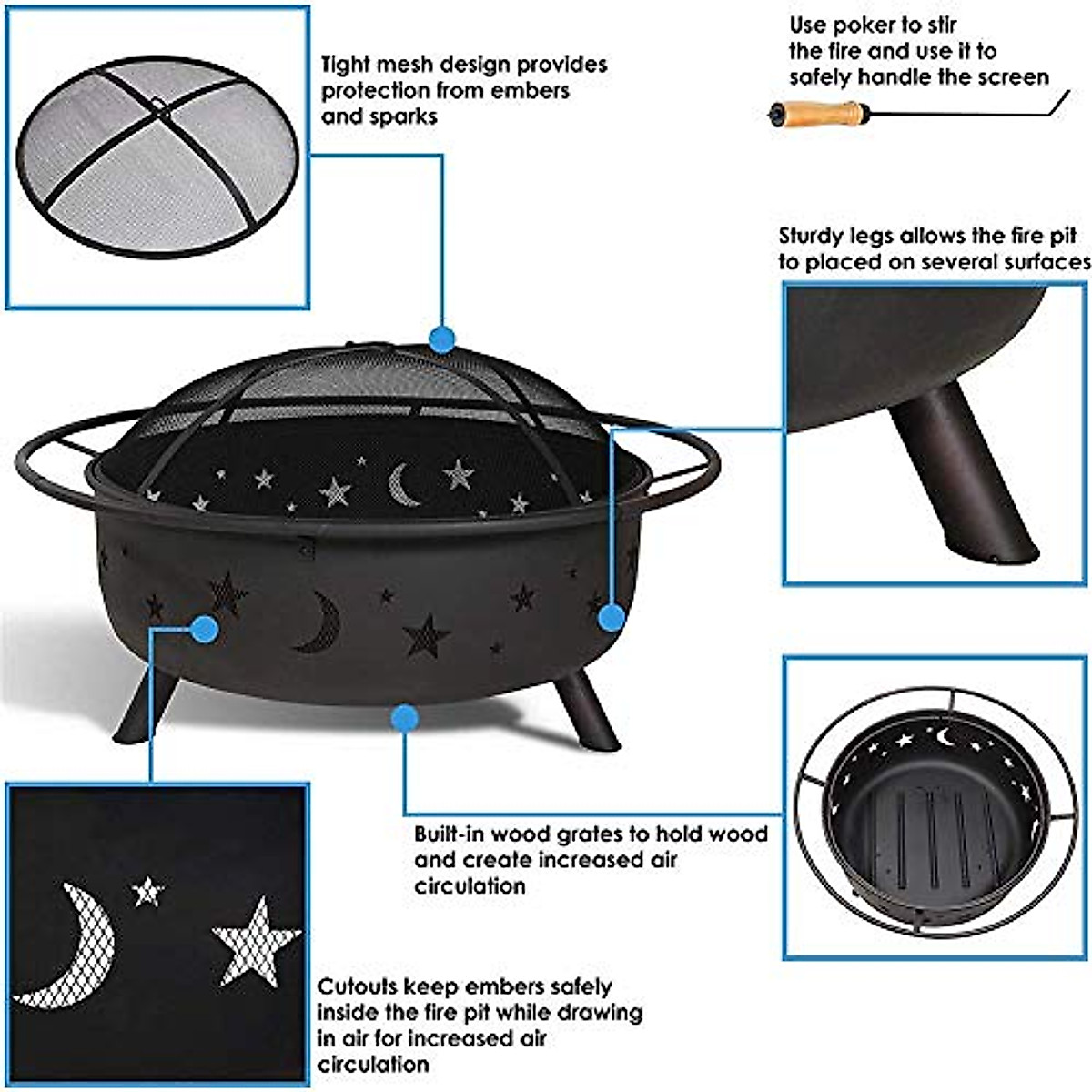 LEAYAN Garden Fire Pit Grill Bowl Grill Barbecue Rack Round Outdoor Fire Pit, Wood Burning Patio & Backyard Firepit with Mesh Spark Screen and Fireplace Poker, for Camping Picnic Outdoor Fire Pits