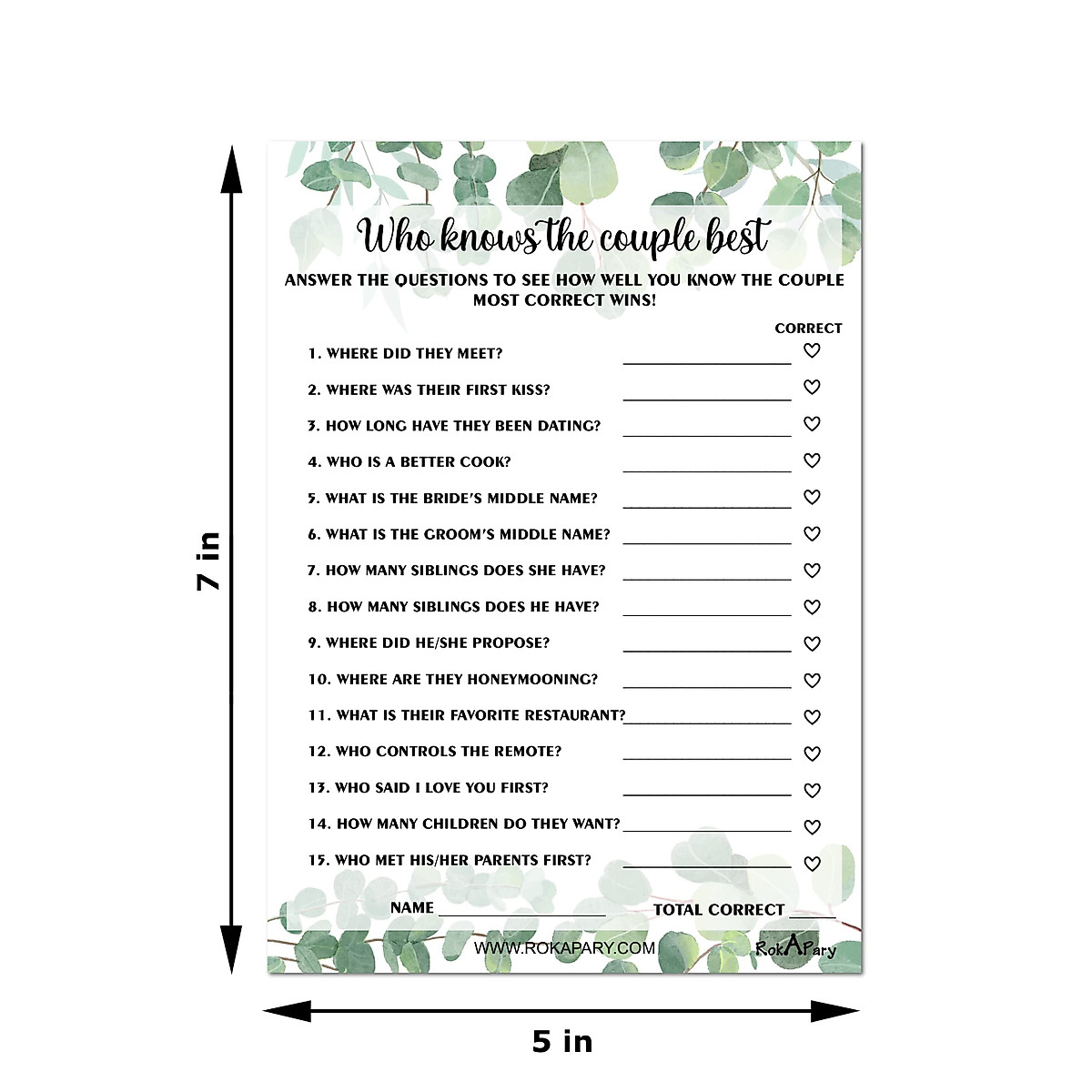RokAPary Eucalyptus Who Knows The Couple Best, Wedding, Bridal Shower, Bachelorette or Engagement Party Game, Couples Guessing Play Pack of 50 Cards 5”x7” Made in USA