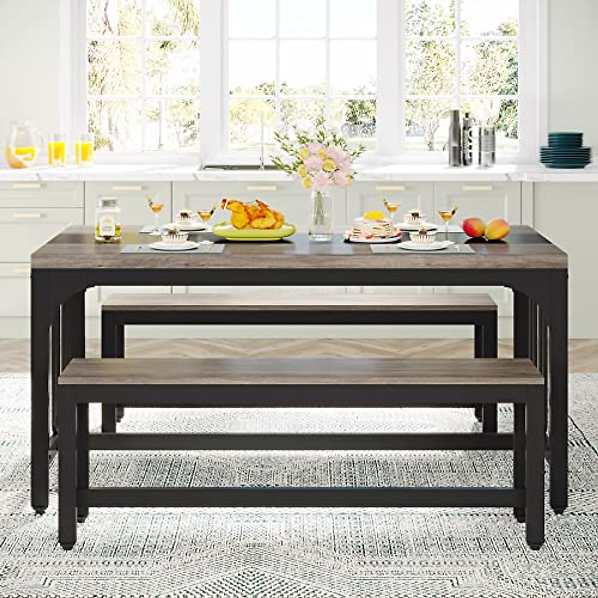 Tribesigns 55 Inch Dining Table Set for 4-6, 3-Piece Kitchen Table with 2 Benches, Space-Saving Dining Room Table Set for Home Kitchen, Restaurant, Grey