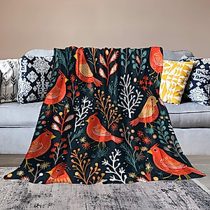 Blanket Red Christmas Birds Plush Throw Fleece Blanket Happy New Year Soft Cozy Microfiber Throw Blanket for Couch Sofa Bed for Adult Kid Birthday 40"x50" Ultra Soft Plush Cozy Xmas Prints