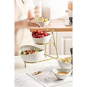 LAUCHUH 3 Tier Serving Stand Chip and Dip Serving Set Pocerlain Oval Bowl Set with Stand White Serving Bowl for Entertaining Tiered Tray Decor for Countertop