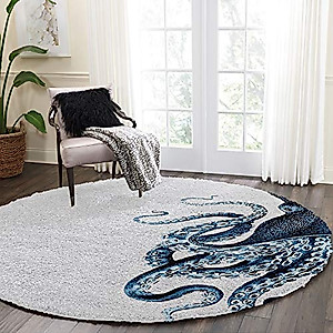 Singingin Round Area Rugs for Kids Room Ocean Octopus Shag Area Rug Non-Slip Soft Plush Floor Carpet Mat for Nursery, Living Room, Bedroom, Modern Home Decor Diameter 5ft