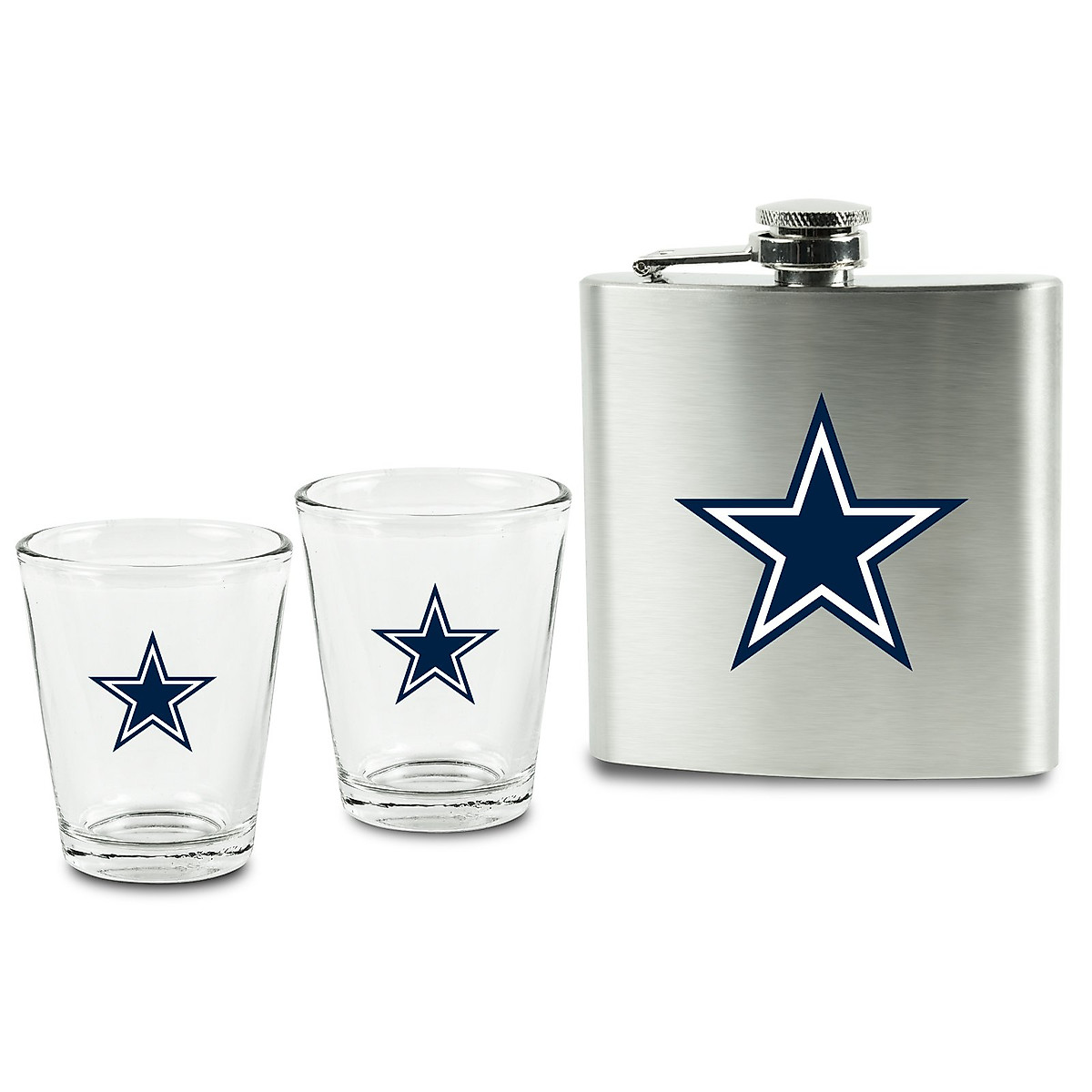NFL Dallas Cowboys Shot Glasses & Brushed Stainless Steel Flask Set
