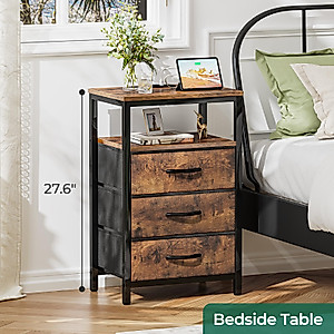 Huuger Nightstand with Charging Station, 27.6 Inch Bedside Table with Fabric Drawers, End Table Side Table with USB Ports and Outlets, Night Stand for Bedroom, Rustic Brown
