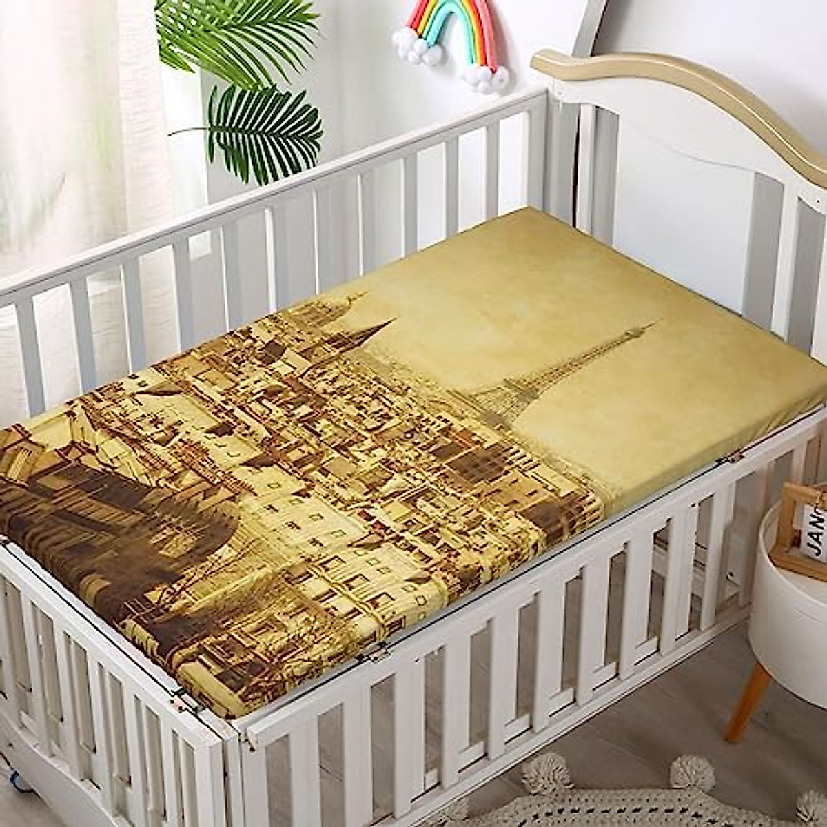Eiffel Tower Themed Fitted Mini Crib Sheets,Portable Mini Crib Sheets Soft Toddler Mattress Sheet Fitted - Great for Boy or Girl Room or Nursery,24“ x38“,Brown