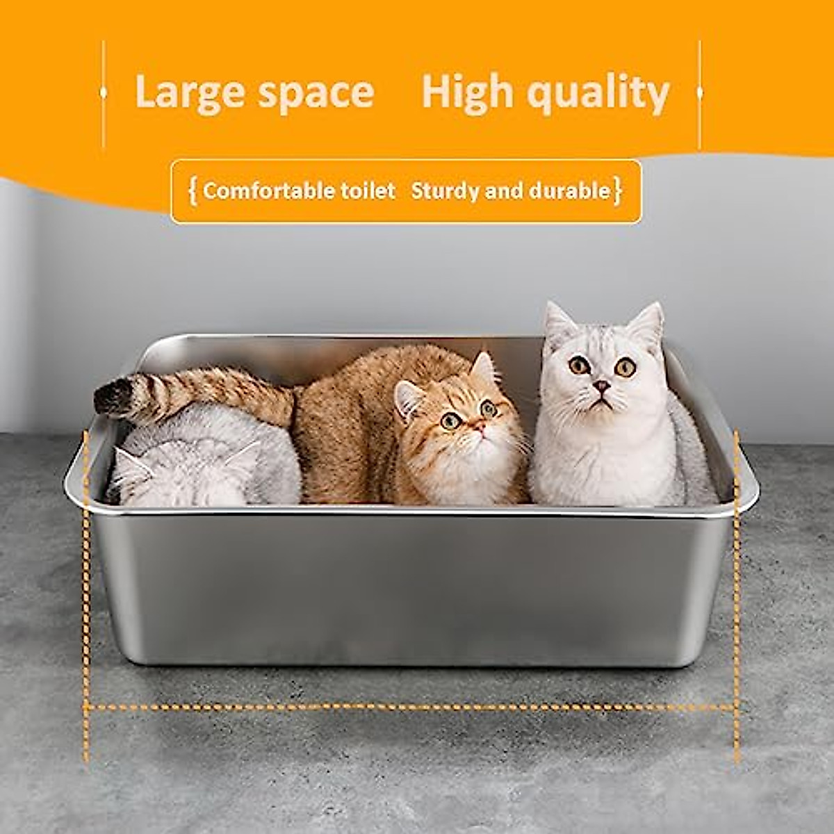 Open Top Cat Litter Box, Double-Sided electrolytic Stainless Steel Large Litter Box with Frame, High Sided and Upgrade Handle for Training Cats to Clean Pet Accessories (L-Ⅱ)