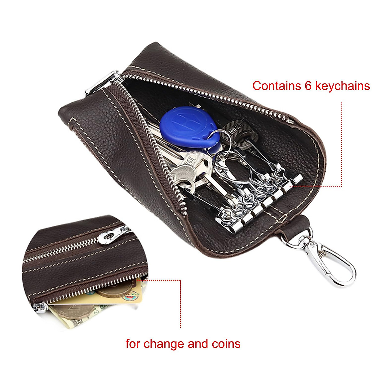 LFWATAXY Genuine Leather Key Holder Case - 6 Hooks with Coin Layer - Key Fob Cover - Ridge Key Holder - Leather Car Keychain