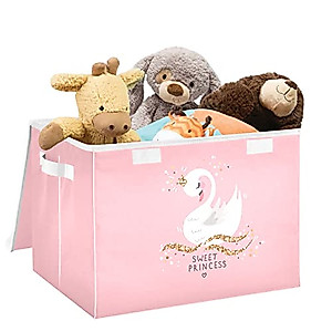 DOMIKING Sweet Princess Swan Pink Toy Storage Trunk with Lid Collapsible Storage Box Organizer with Handles for Bedroom Living Room Kid's Room