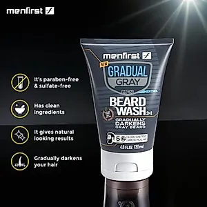 MENFIRST Gradual Gray Darkening Beard Wash - Gray Reducing Beard Wash, Beard Color Shampoo for Men - Hypoallergenic & Harsh Chemical-Free Beard Dye for Men - For Dark Shades, 4.6 Fl Oz (Pack of 1)