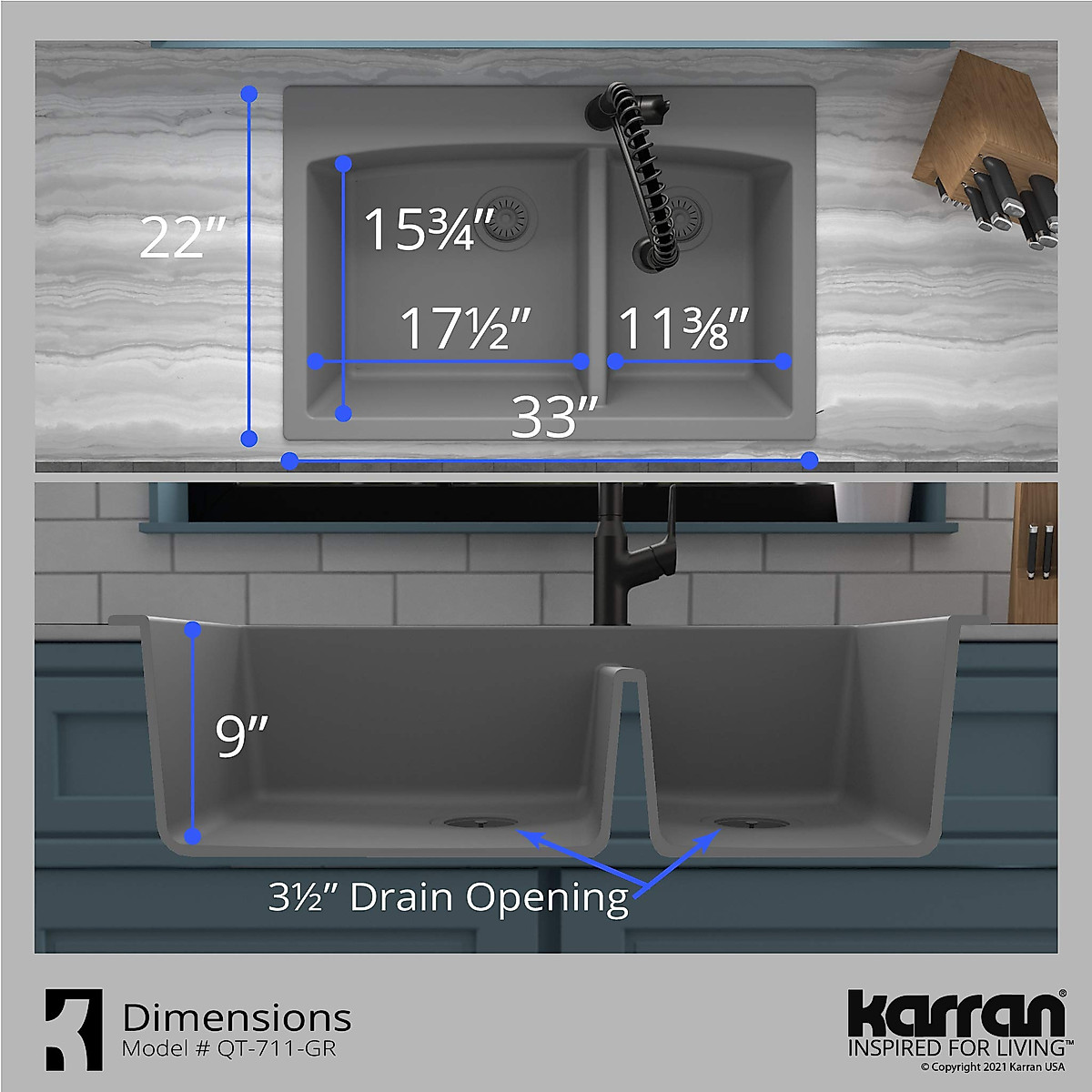 Karran QT-711 Drop-In Quartz Composite 33 in. 1-Hole 60/40 Double Bowl Kitchen Sink in Grey