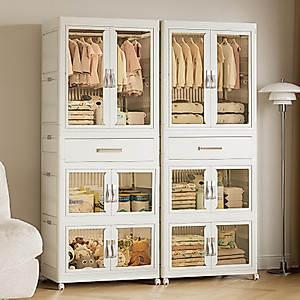 MU TU HD Portable Kids Wardrobe Closet with Doors, Plastic Baby Wardrobe Storage Cabinet with Hanging Rod Children's Clothes Closet Costume Storage Organizer (1 Pack)