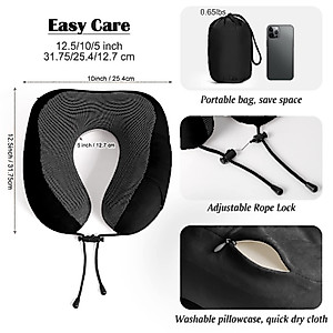 Travel Pillow 100% Pure Memory Foam Neck Pillow, Breathable & Machine Washable Cover, Neck Support Pillow with 3D Contoured Eye Mask, Earplugs & Portable Bag for Airplane Travel (Black)