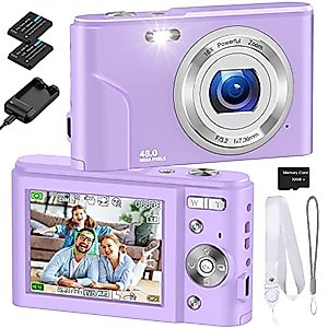 Digital Camera, RUAHETIL Autofocus FHD 1080P 48MP Kids Vlogging Camera with 32GB Memory Card, 2 Charging Modes 16X Zoom Compact Camera Point and Shoot Camera for Kids Teens (Purple)