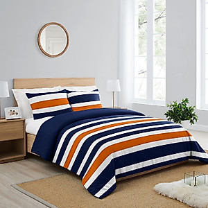 Sweet Jojo Designs Navy Blue, Orange and White Childrens, Teen 3 Piece Full/Queen Boys Stripe Bedding Set Collection