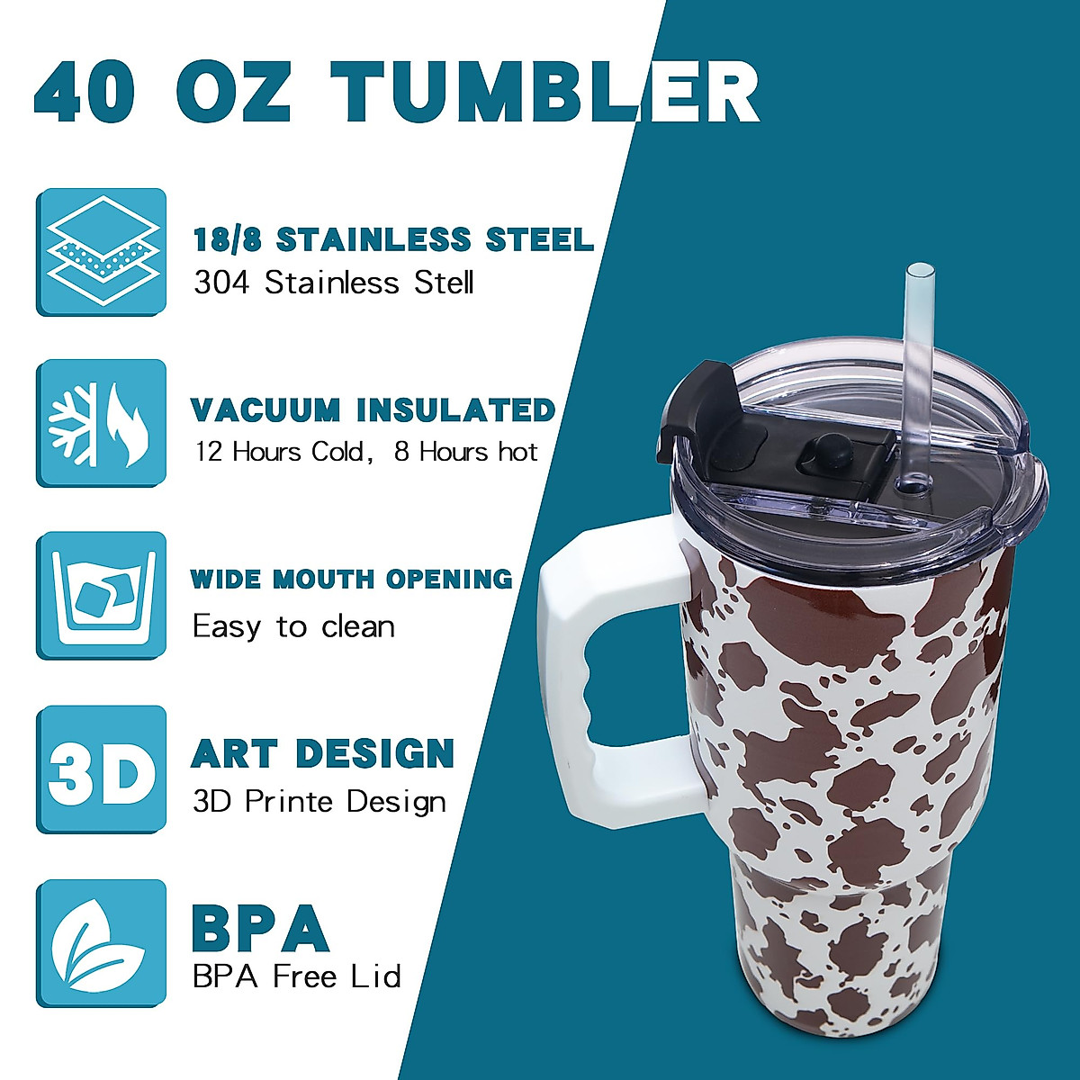 Gome 40 oz Camouflage Cow Print Tumbler with Handle - Insulated Stainless Steel Cow Cup with Lid and Straw - Keeps Drinks Cold and Hot, Birthday Gifts for Women - Hand Wash Only