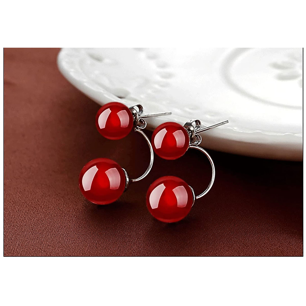 Women Earrings Natural Onyx Double Beads with Stud Earrings 925 Sterling Silver Jewelry (red)