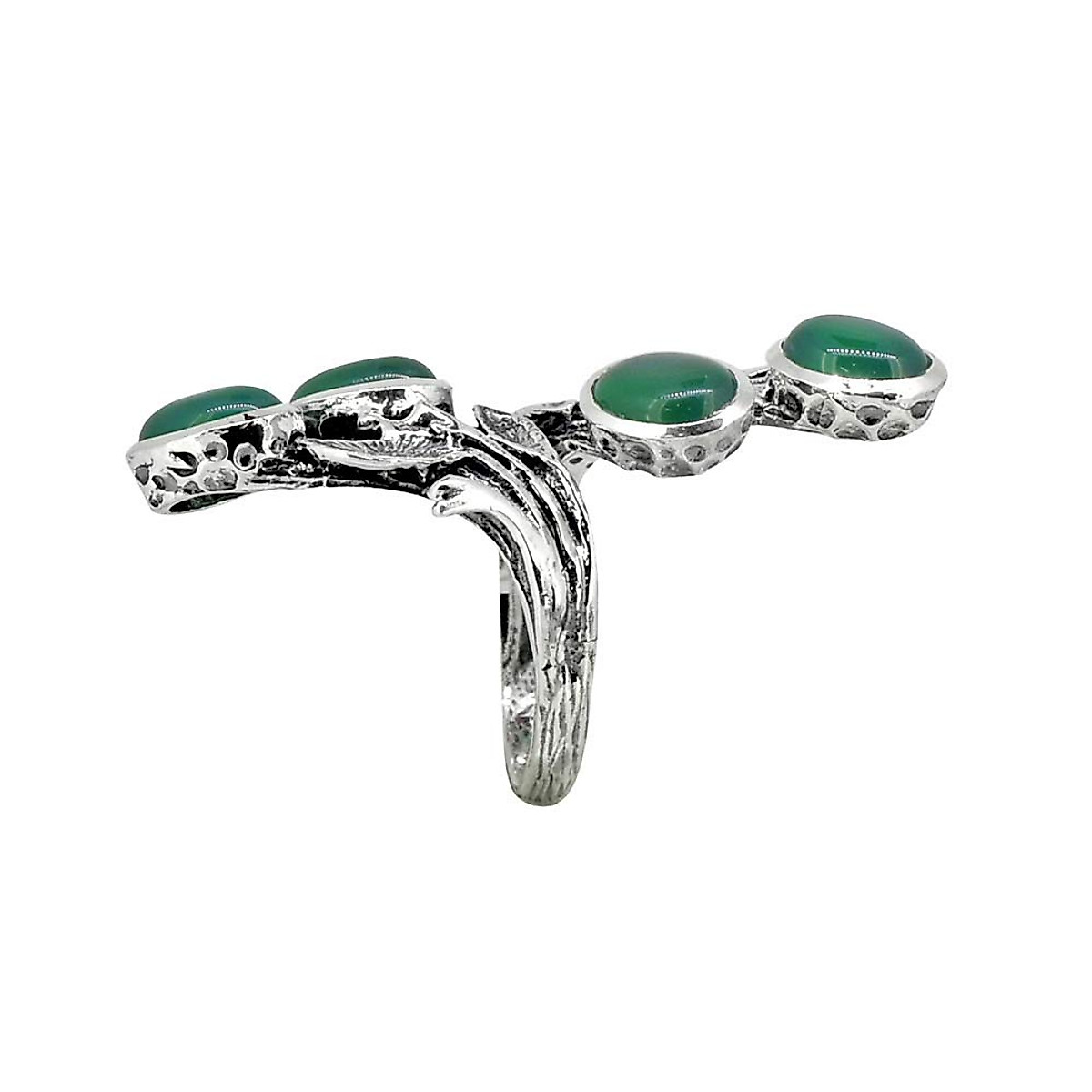 YoTreasure Green Onyx Solid Sterling Silver Innovative Leaf Vine Ring