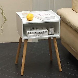 MaxSmeo White Nightstand, Small Bed Side Table for Small Spaces,Mid Century Modern Nightstand End Table with Storage and Solid Wood Legs for Bedroom Living Room(White)