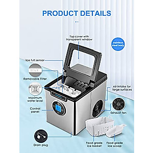 Ice Maker Machine Countertop, Portable Compact , 28lb 3 Cube Sizes in 24 Hours, 9 Ice Cubes in 5 Minutes, Programmable Timer Setting, with Ice Scoop and Basket for Home