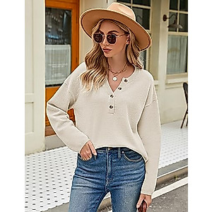 KTILG Pullover Sweaters for Women Oversized Sweater Side Slit Long Sleeve Loose V Neck Button Henley Tops Pullover Knit Jumper Beige, M