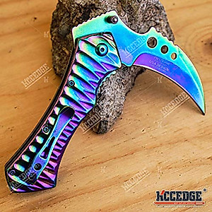 KCCEDGE BEST CUTLERY SOURCE Pocket Knife Camping Accessories Survival Kit 5 Inch Grim Reaper Scythe Tactical Knife Hunting Knife Camping Gear 78524 (Rainbow)